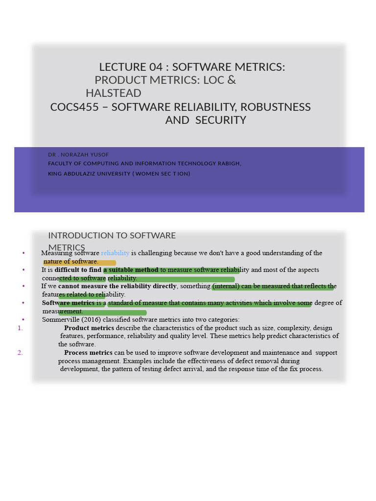 Lecture 4 SoftwareProductMetrics LOC Halstead | PDF | Reliability ...