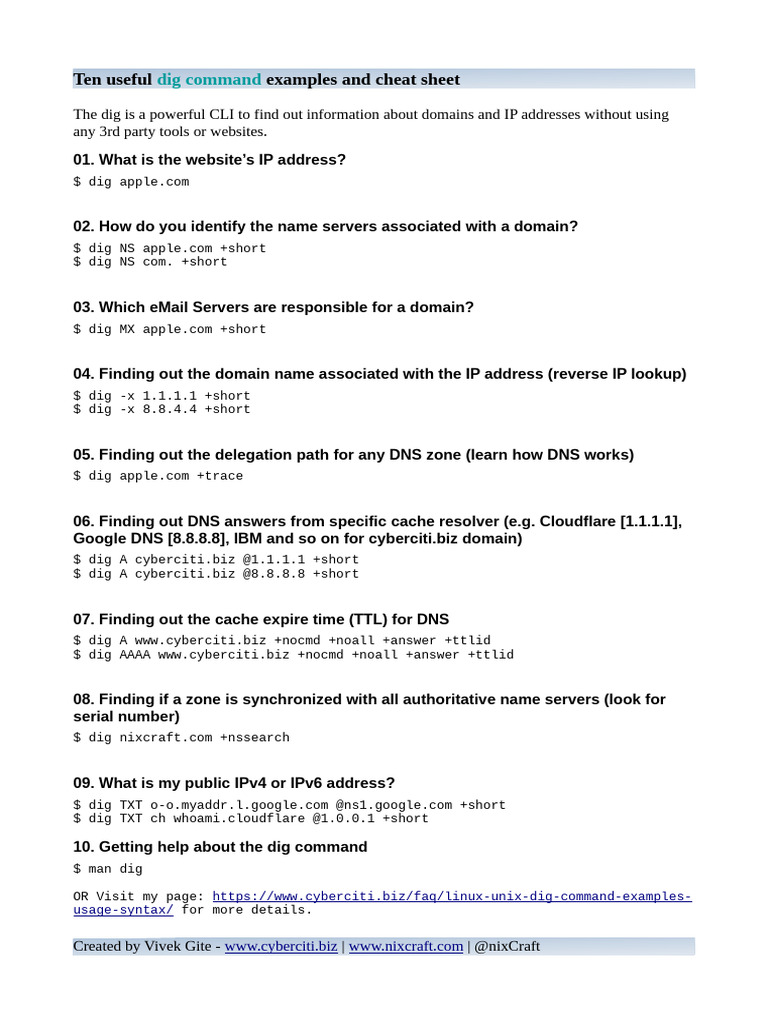 Dig Command Examples and Cheat Sheet | PDF