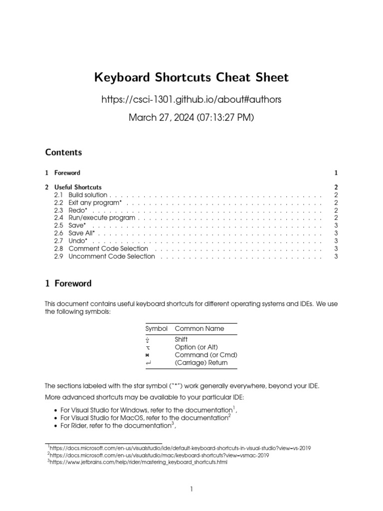 Keyboard Shortcuts Cheat Sheet: March 27, 2024 (07:13:27 PM) | PDF ...