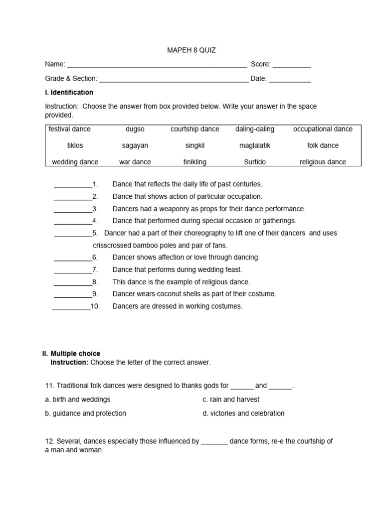 MAPEH 8 Quiz | PDF | Dances | Performing Arts