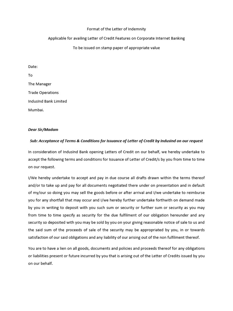 LOI Format For LC Facility | PDF | Letter Of Credit | Credit