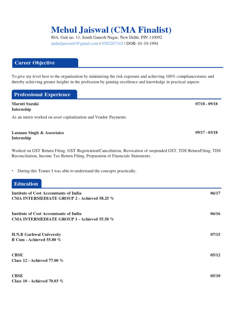 Mehul Jaiswal (CMA Finalist) - Resume | PDF