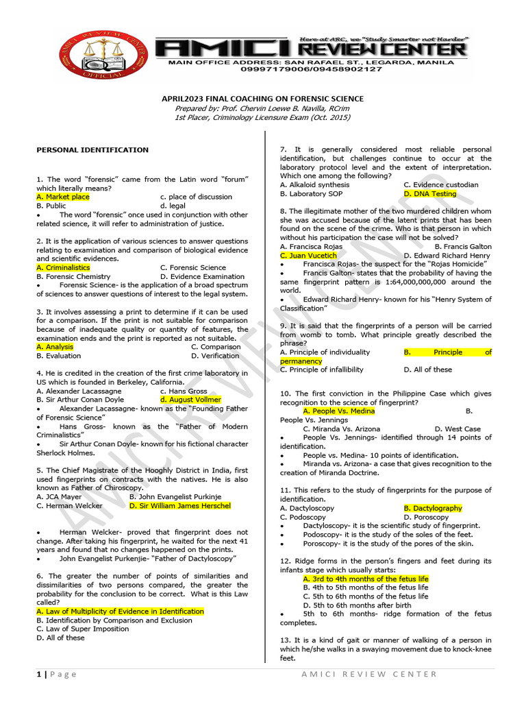 April2023-Forensic FC by Prof. Navilla-Answer Key | PDF | Fingerprint ...