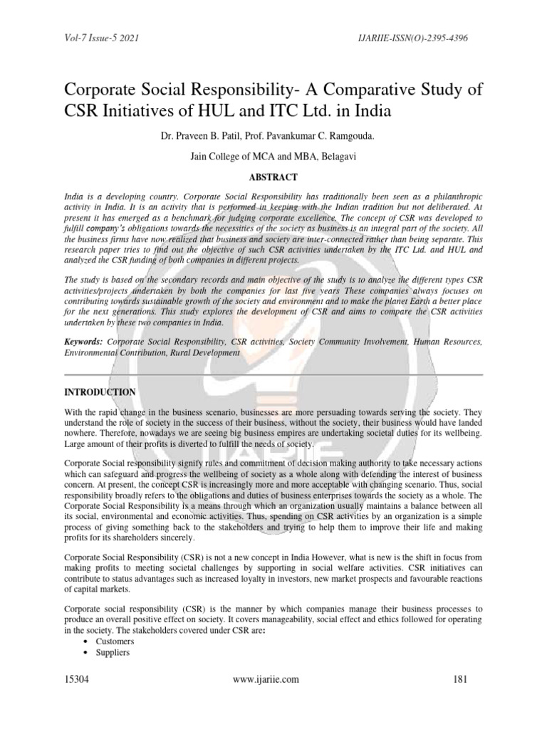 Corporate Social Responsibility A Comparative Study of CSR Initiatives of HUL and ITC LTD in ...