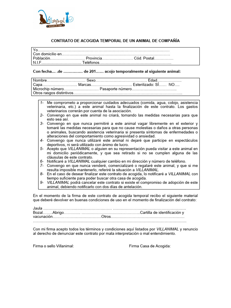 Contrato Acogida Temporal Villanimal | PDF