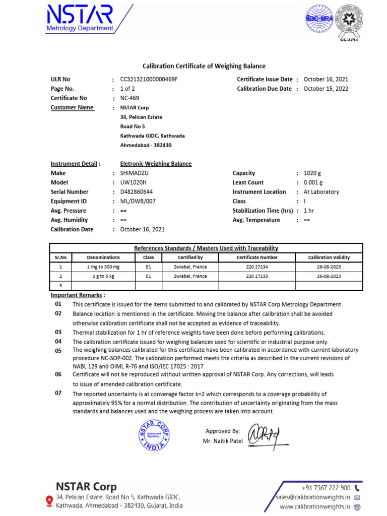 Weighing Balance Calibration Certificate | PDF | Calibration | Weight