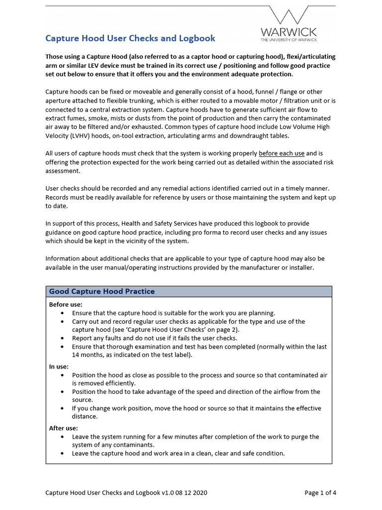 Capture Hood User Checks Logbook | PDF | Filtration | Safety