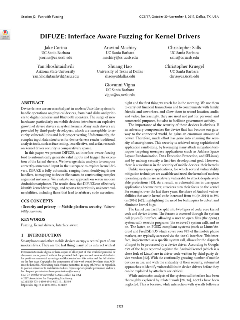 DIFUZE - Interface Aware Fuzzing For Kernel Drivers | PDF | Device Driver | Android (Operating ...