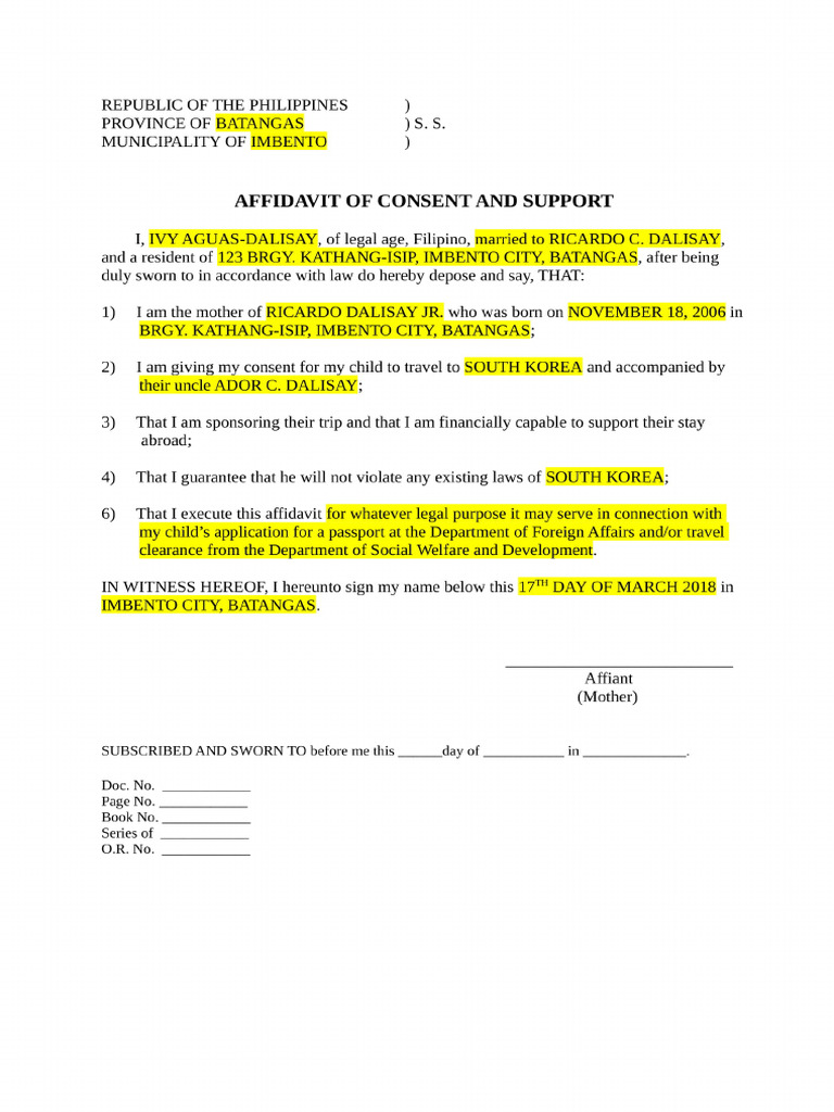 Affidavit of Consent and Support | PDF