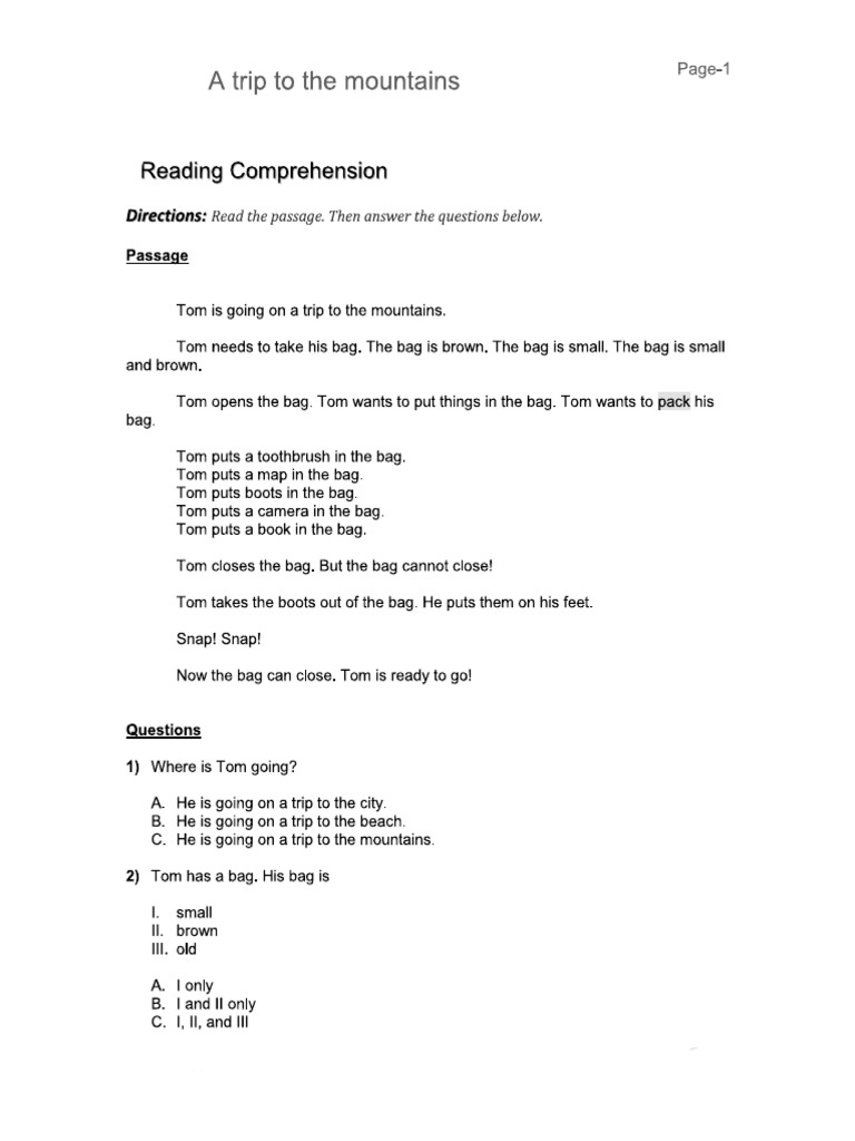 A Trip To The Mountains - Comprehension | PDF