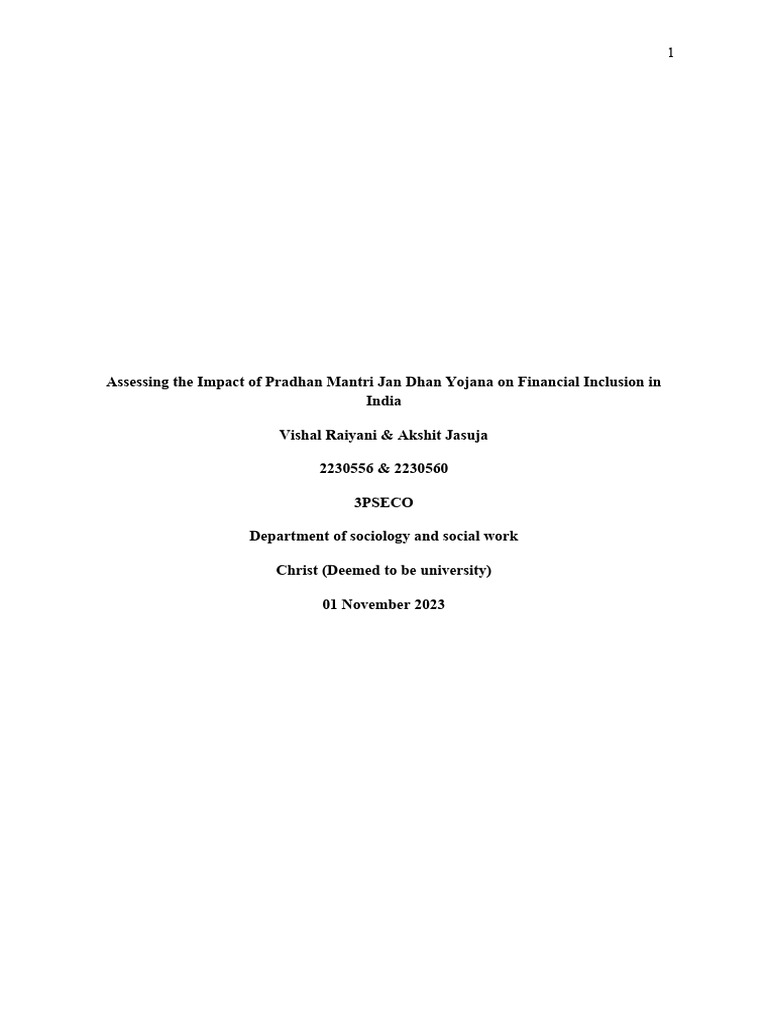 Assessing The Impact of Pradhan Mantri Jan Dhan Yojana On Financial ... Assessing The Impact of Pradhan Mantri Jan Dhan Yojana On Financial ...