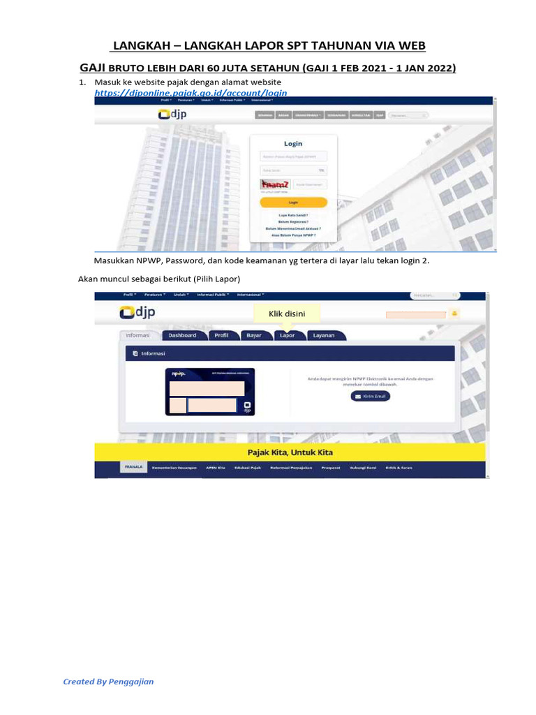 1 Langkah Lapor SPT Tahunan THN 2021 Gaji Bruto Lebih Dari 60 Juta | PDF