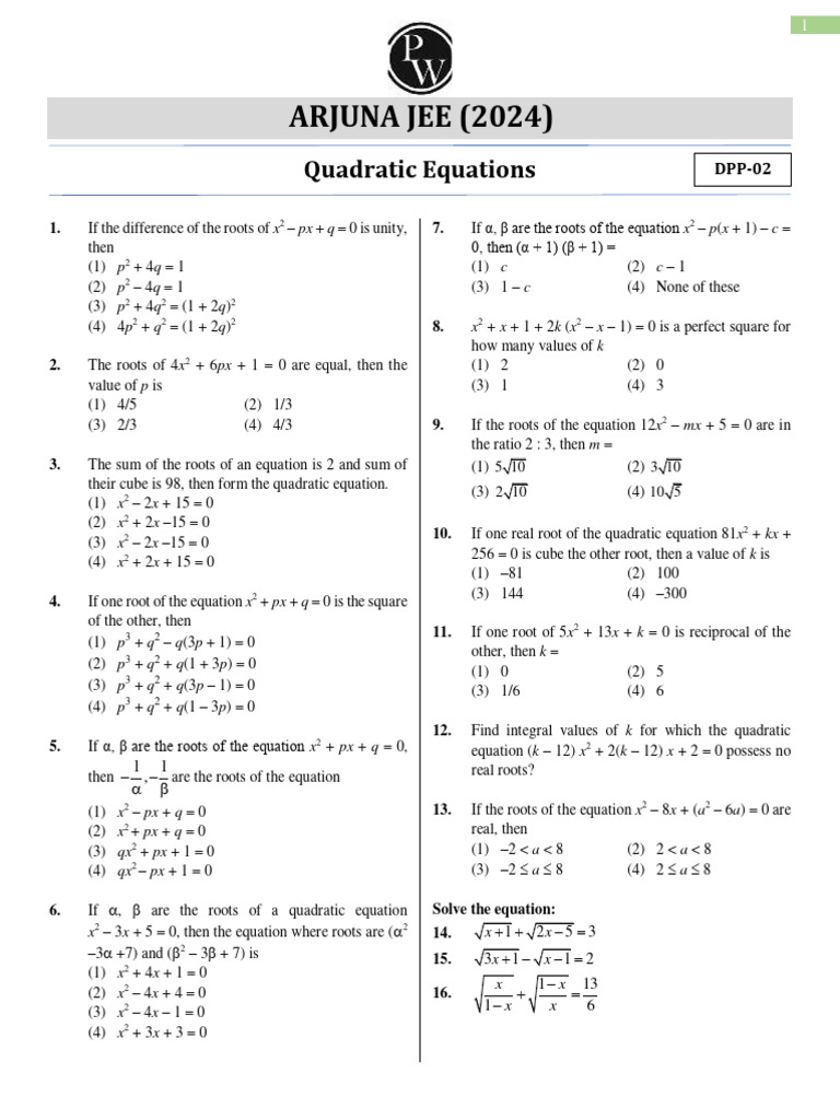 Quadratic Equations - DPP 02 - Arjuna JEE 2024 | PDF | Mathematics | Elementary Mathematics