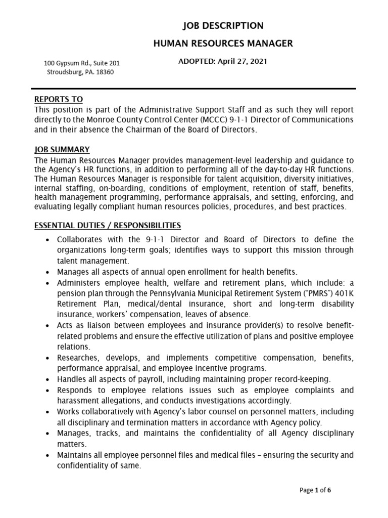 Human Resources Manager Job Description | PDF | Human Resource ...
