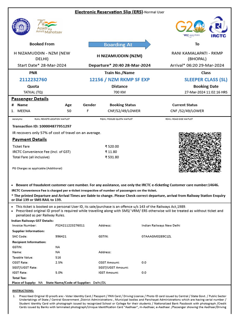 NZM RKMP SF Exp Sleeper Class (SL) : Electronic Reserva On Slip (ERS ...
