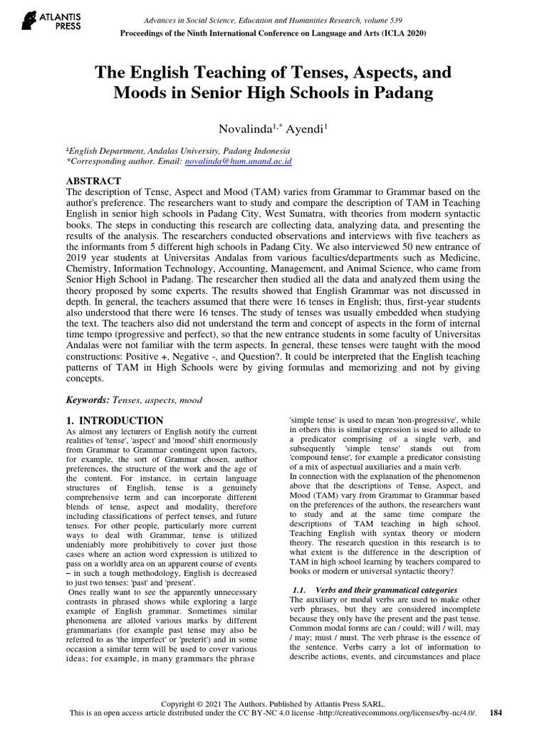 The English Teaching of Tenses, Aspects, and Moods in Senior High Schools in Padang | PDF ...