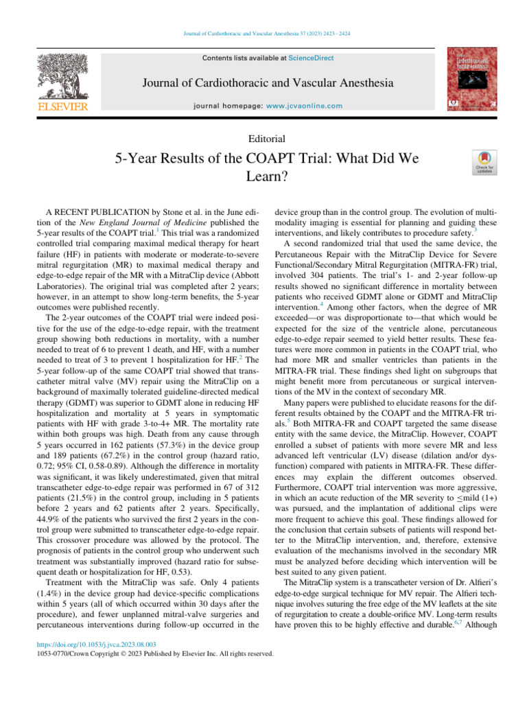 5 Year Results of The COAPT Trial What Did We Lea | PDF | Coronary Artery Bypass Surgery ...