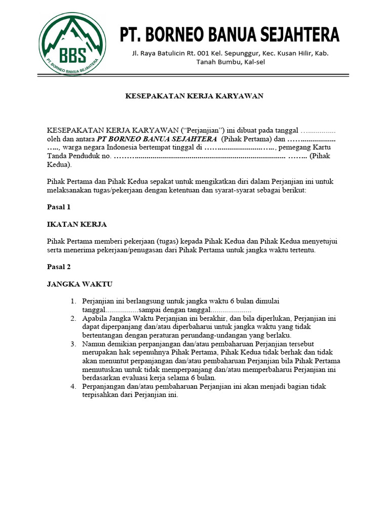 Kesepakatan Kerja PT Borneo Banua | PDF