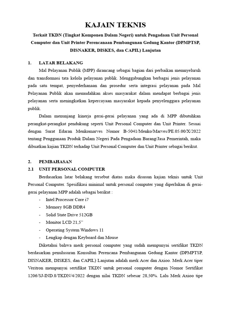 Justifikasi Teknis TKDN PC Dan Printer MPP Lanjutan | PDF