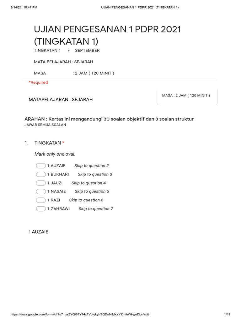 UJIAN PENGESANAN 1 PDPR 2021 - Baru | PDF