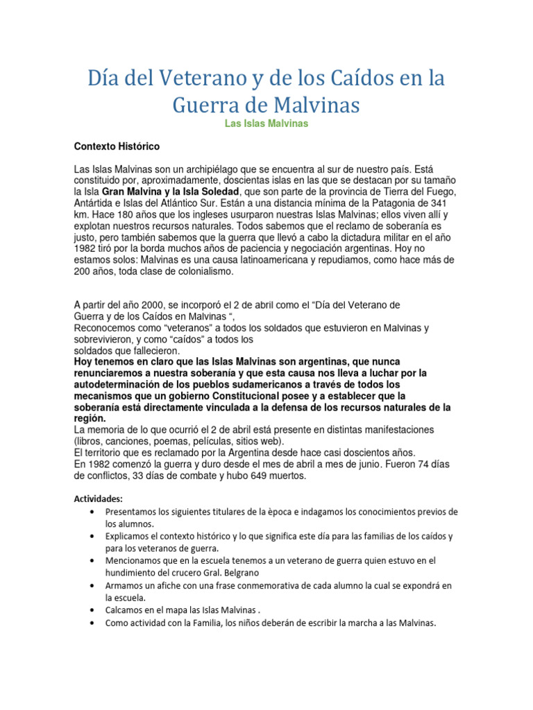Día Del Veterano y de Los Caídos en La Guerra de Malvinas | PDF ...