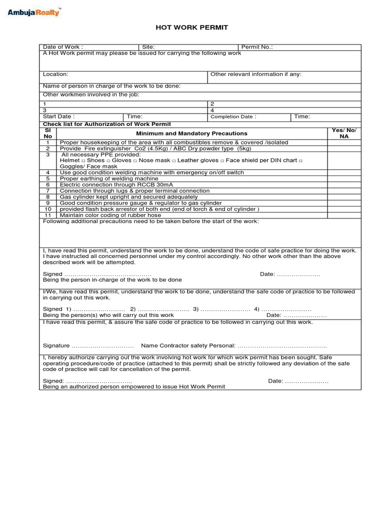 Hot Work Permit | PDF | Occupational Safety And Health | Safety