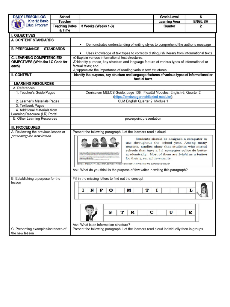 Eng 6 DLP q2 Weeks 1 3 | PDF | Learning | Writers
