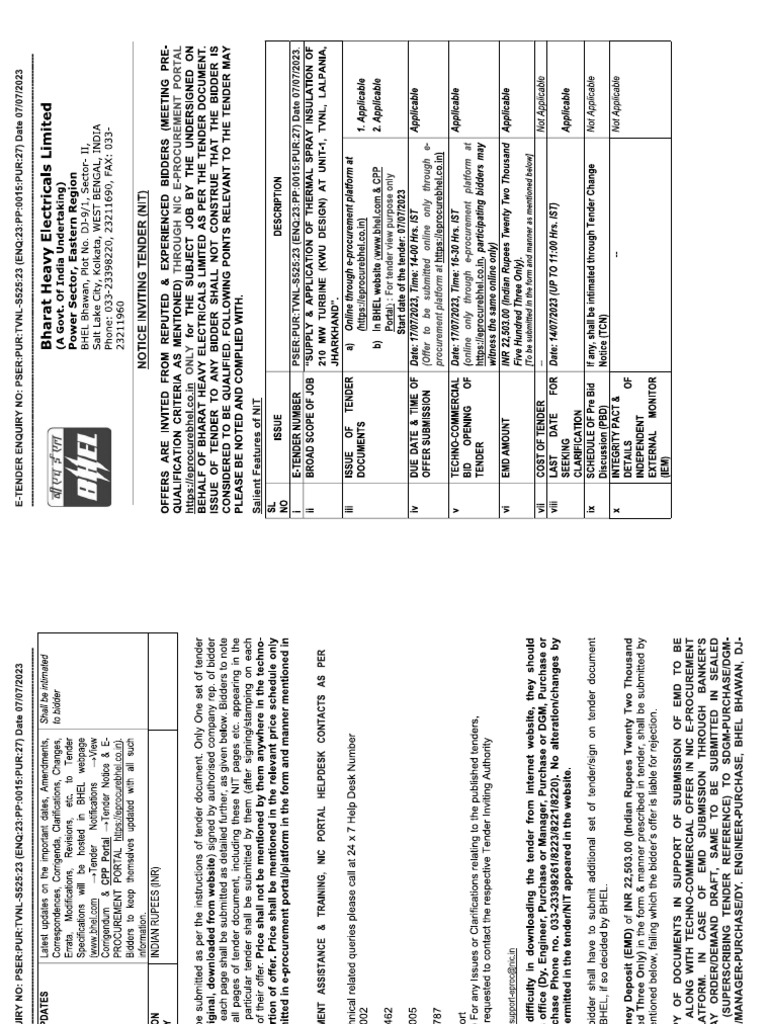 BHEL PSER Tubine Spray Insulation Tender | PDF