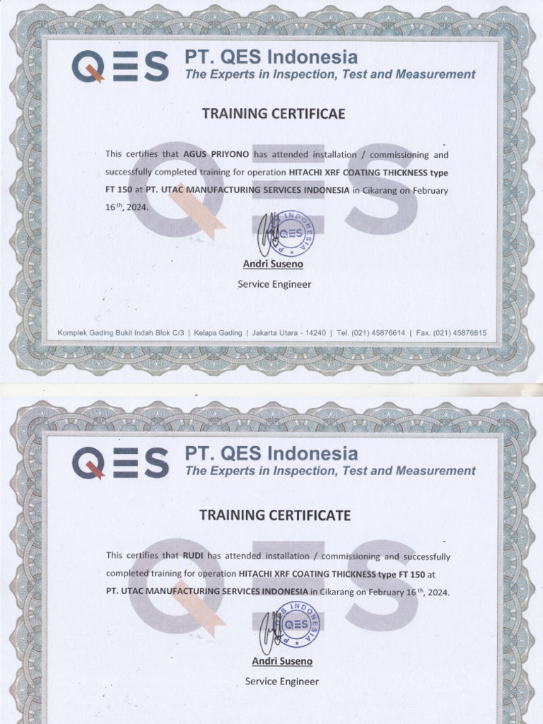 Certificate Training - PT Utac | PDF