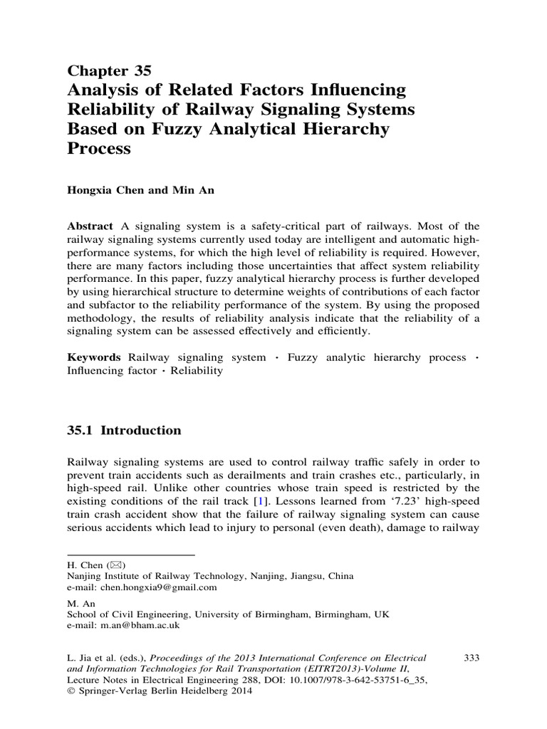 Analysis of Related Factors in Uencing Reliability of Railway Signaling Systems Based On Fuzzy ...