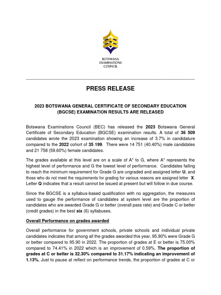 Press Release 2023 Bgcse Results FM 07.03.2024 | PDF | Standardized ...