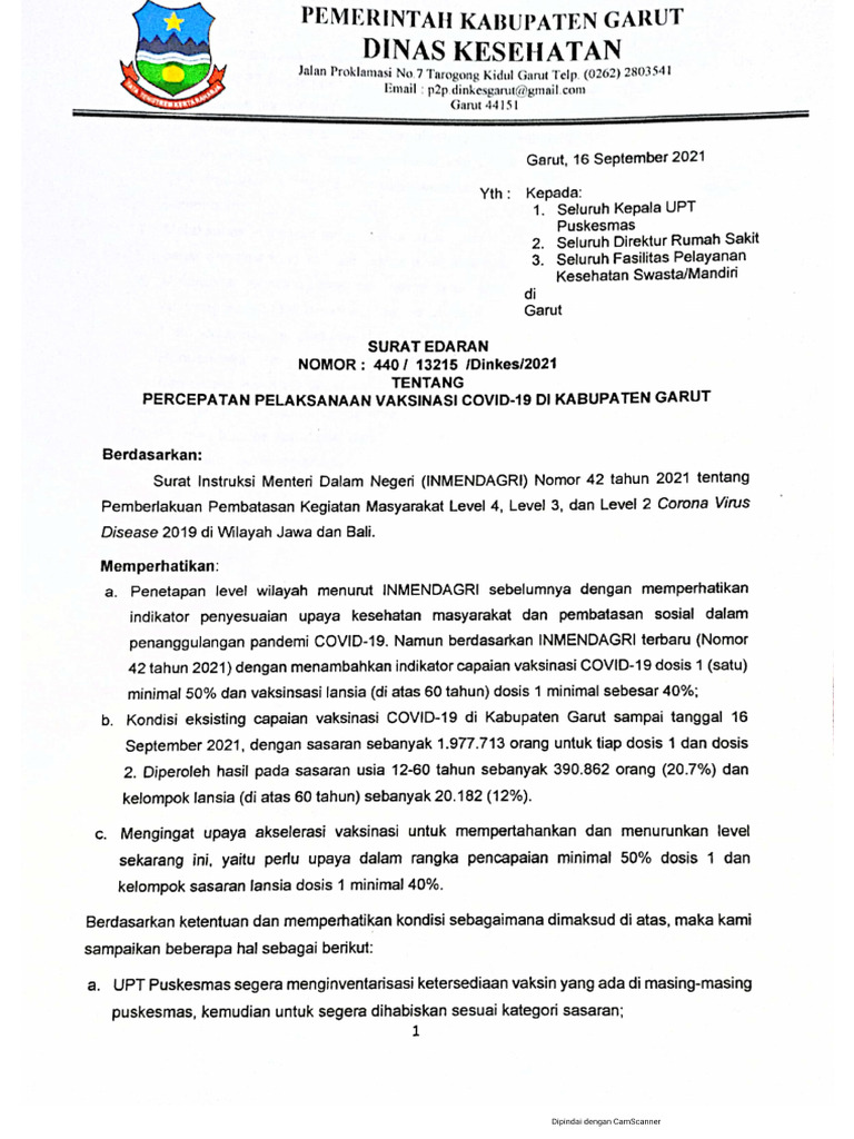Surat Edaran Percepatan Vaksinasi Covid 19 | PDF
