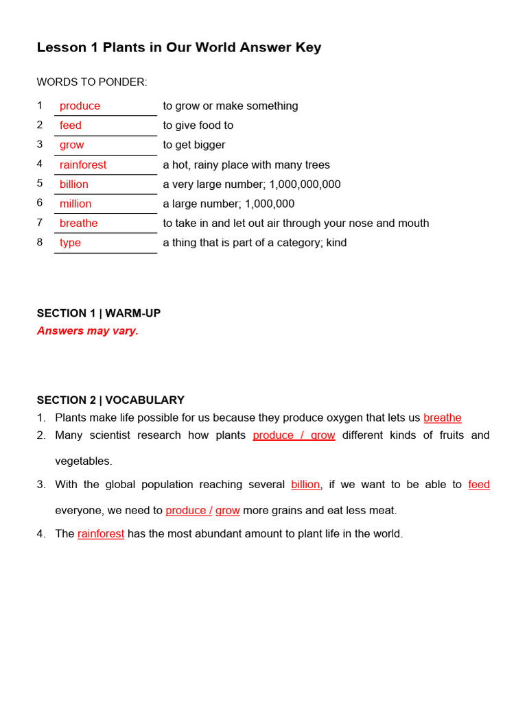 Lesson 1 Plants in Our World Answer Key | PDF | Plants | Rainforest