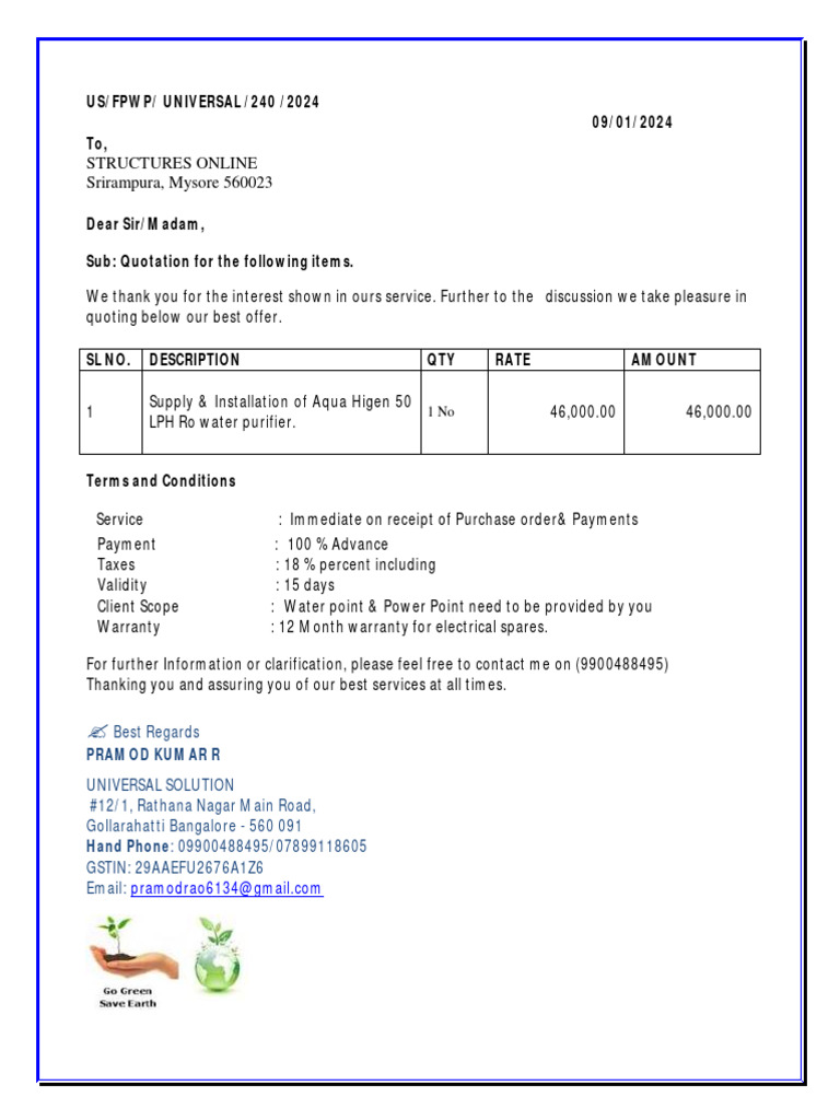 50 LPH Quotation - Pramod | PDF