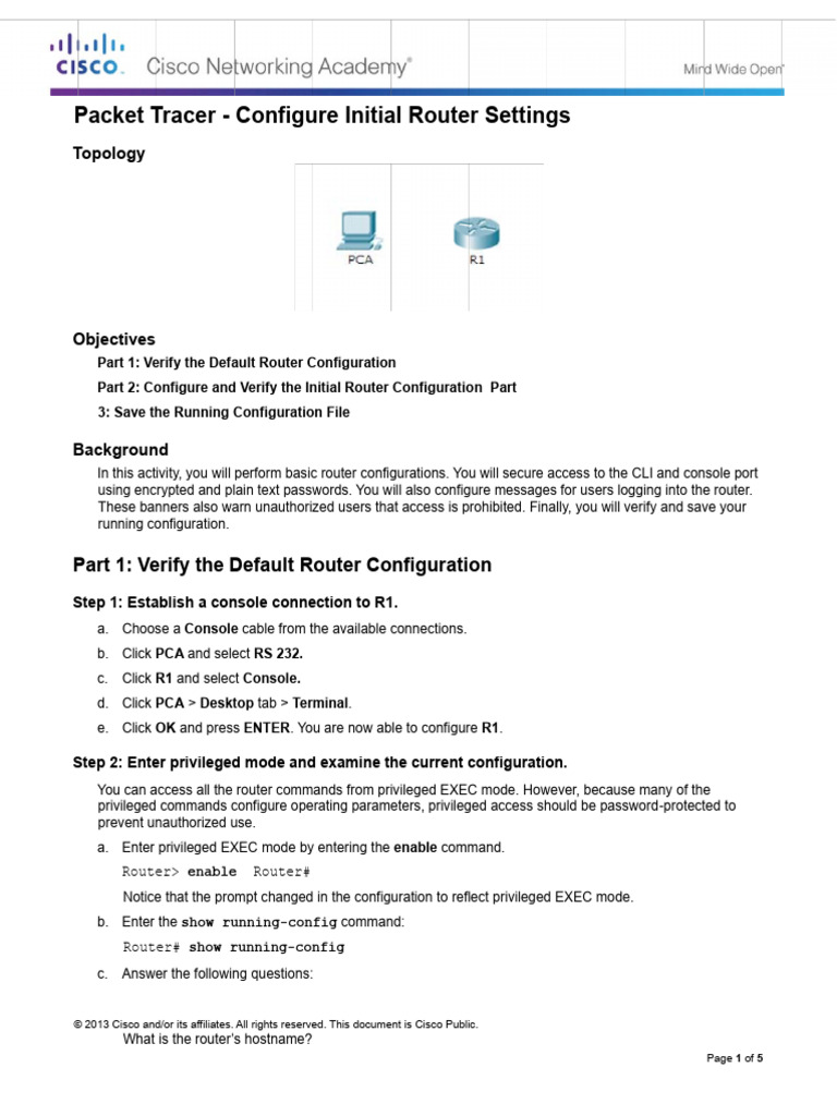 6412 Packet Tracer Configure Initial Router Settings Pdf Command Line Interface 
