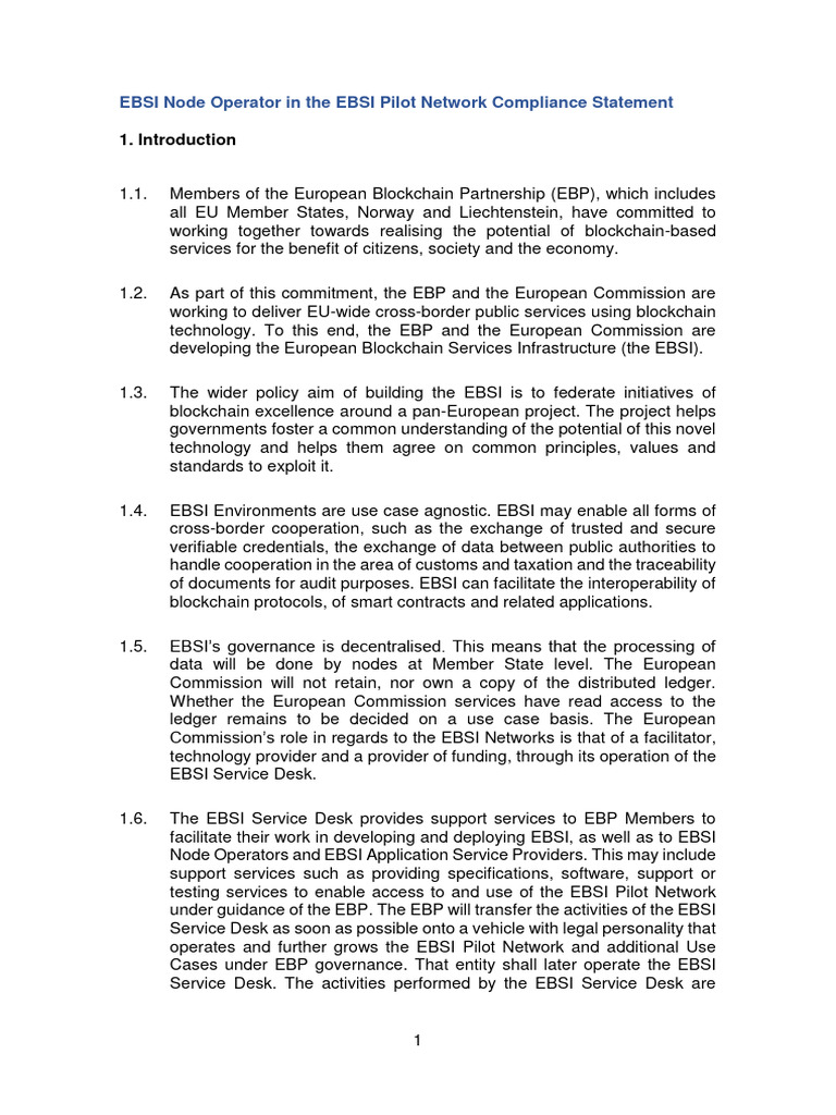 EBSI Node Operator in The EBSI Pilot Network Compliance Statement | PDF | Computing
