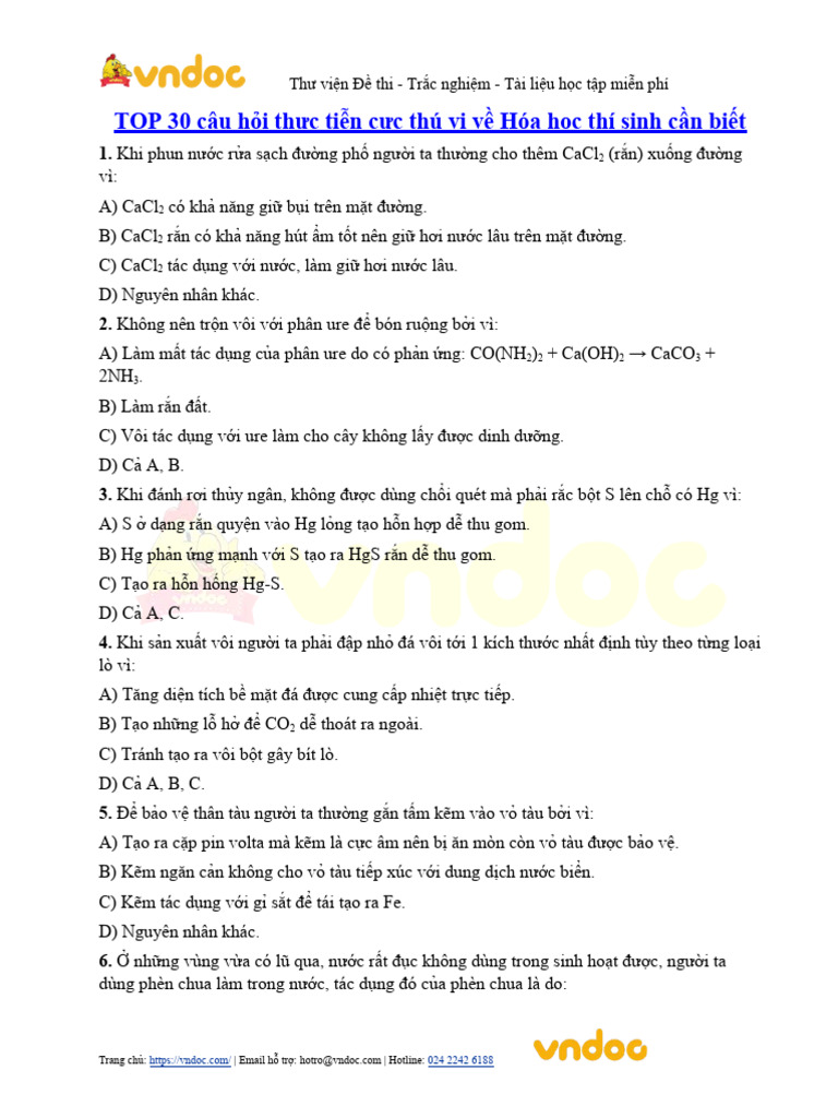 30 Cau Hoi Thuc Tien Cuc Thu Vi Ve Hoa Hoc Thi Sinh Can Biet | PDF