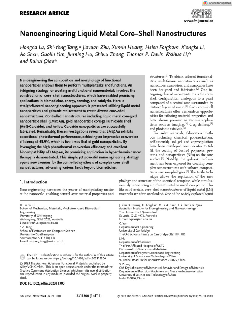 Adv Funct Materials - 2023 - Lu - Nanoengineering Liquid Metal Core Shell Nanostructures | PDF ...