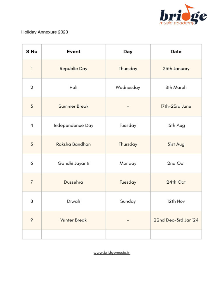 Holiday Register 2023 | PDF