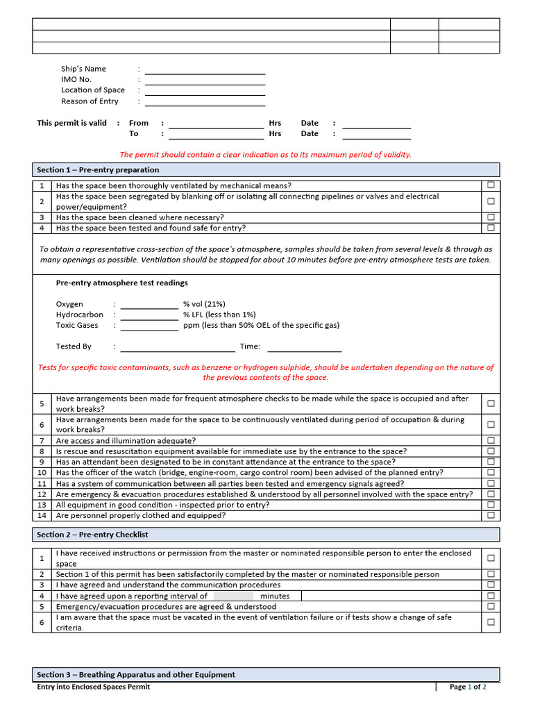 D-06 - Entry Into Enclosed Spaces Permit | PDF | Underwater Diving ...