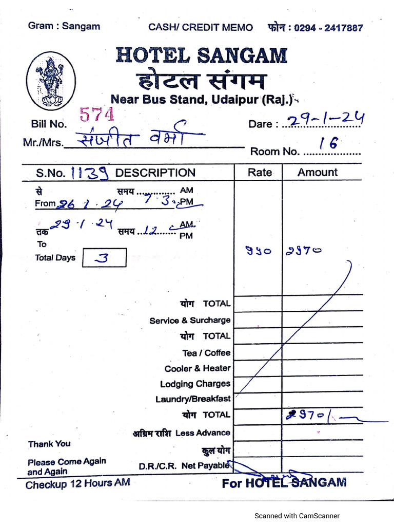 Udaipur Hotel Bill Jan24 | PDF