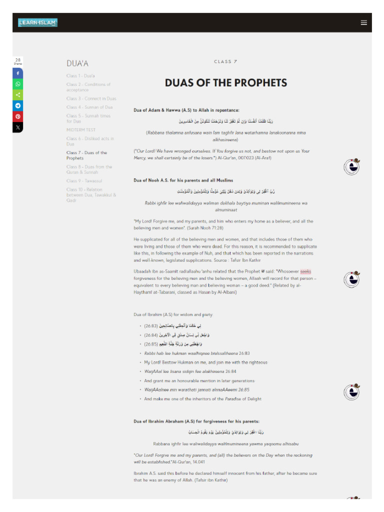 Screencapture Learn Islam Org Class 7 Duas of The Prophets 2024 03 30 16 - 49 - 44 | PDF