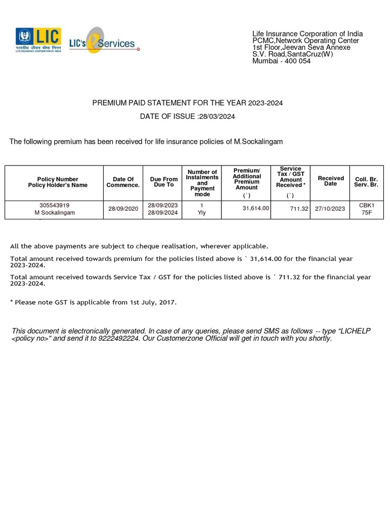LIC Premium Statement 2023-24 | PDF | Business | Finance & Money Management