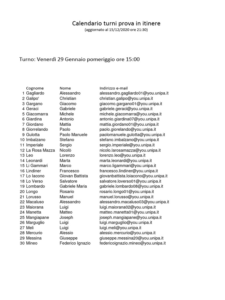 Calendario Turni Prova in Itinere | PDF