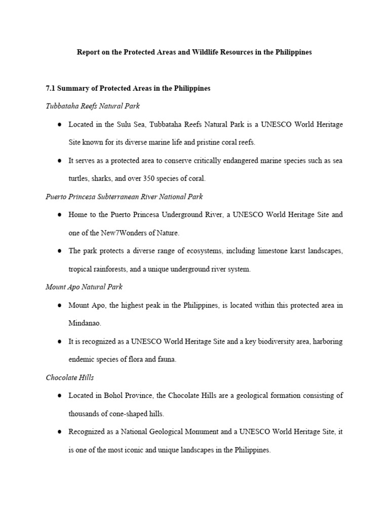 Report On The Protected Areas and Wildlife Resources in The Philippines ...