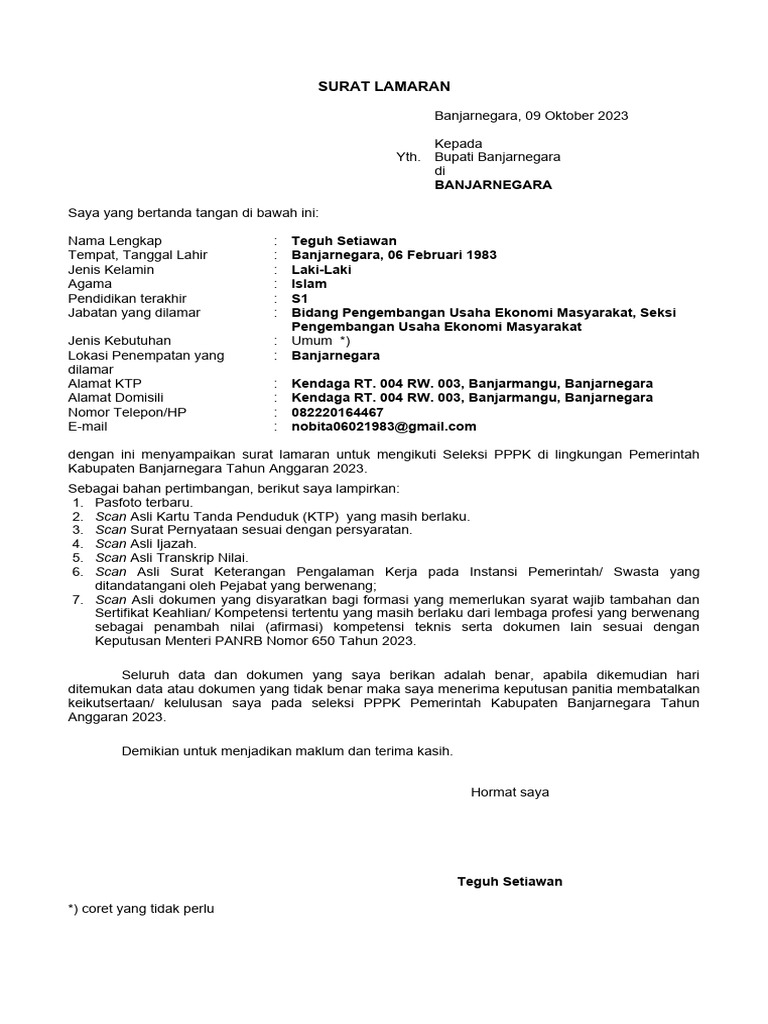 Format Surat Lamaran PPPK 2024 | PDF