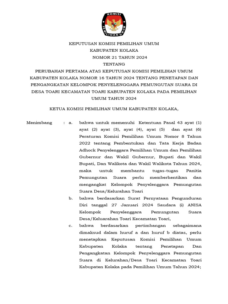 Format Perubahan Keputusan Pengangkatan KPPS | PDF