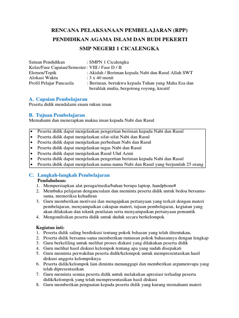RPP Pai Dan Budi Pekerti Beriman Kepada Nabi Dan Rasul | PDF | Karier ...