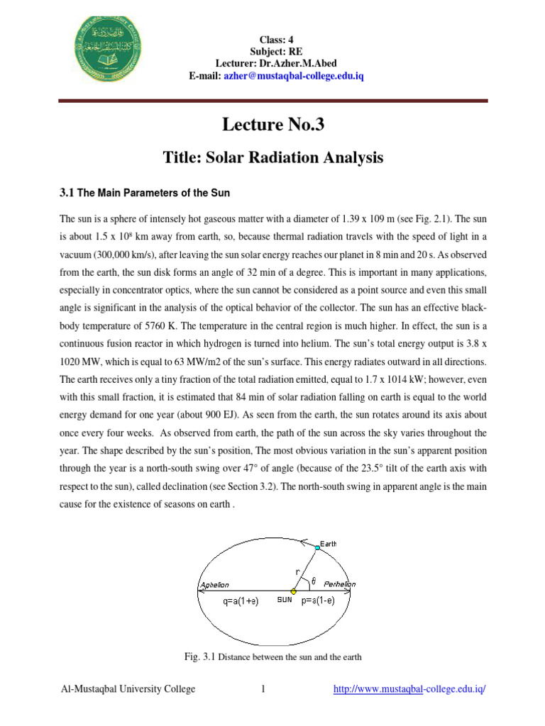 Lecture 3-Solar Radiation Analysis | PDF | Sun | Equator