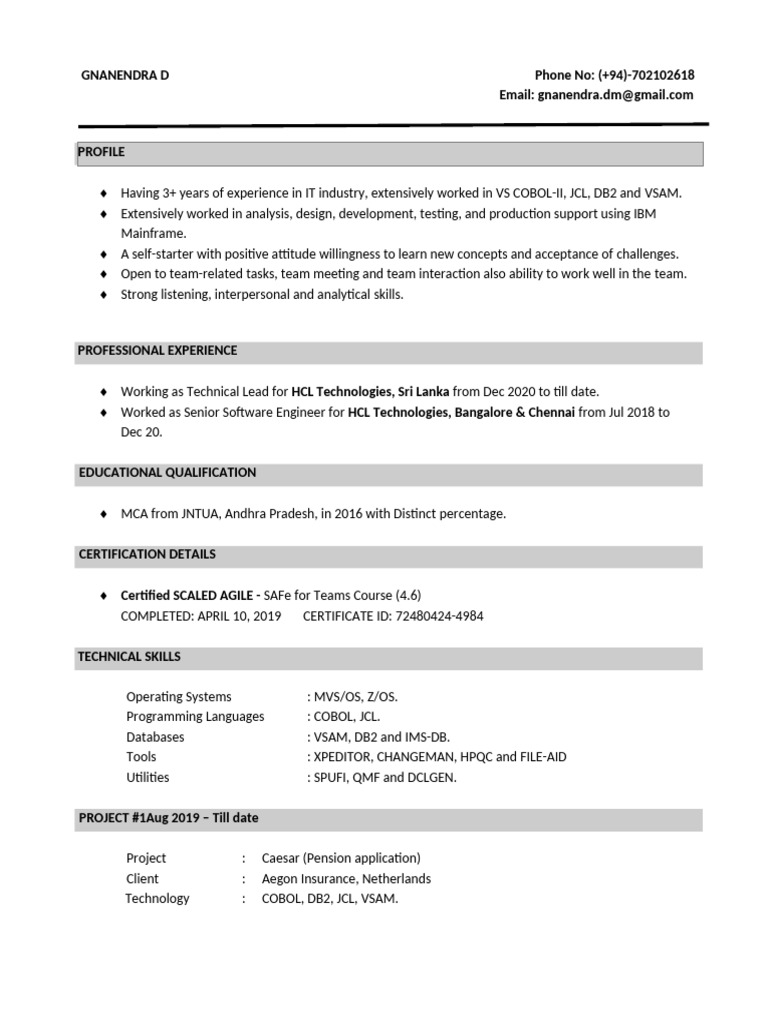 GNANA's - 3Yrs+MAINFRAME RESUME | PDF | Ibm Db2 | Computing